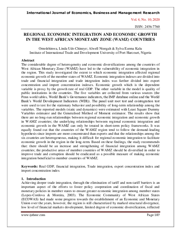 (PDF) Regional Economic Integration and Economic Growth in the West African Monetary Zone (Wamz ...