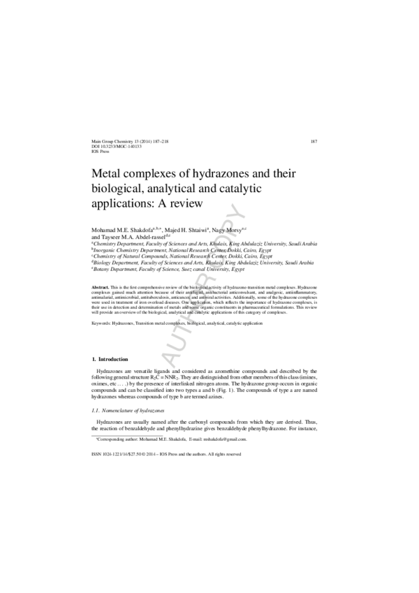 (PDF) ChemInform Abstract: Metal Complexes of Hydrazones and Their ...