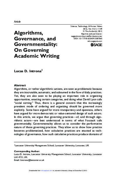 (PDF) Algorithms, Governance, and Governmentality