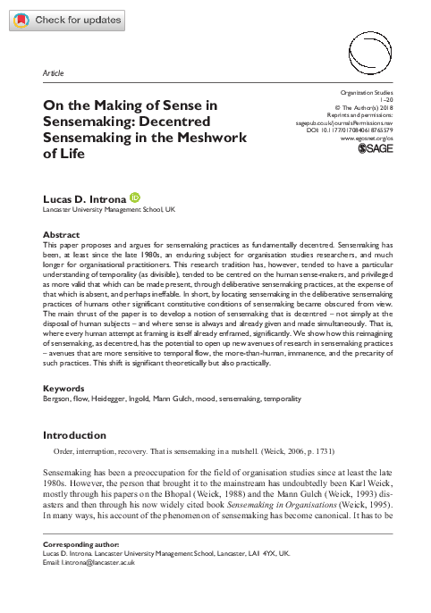(PDF) On the Making of Sense in Sensemaking: Decentred Sensemaking in the Meshwork of Life