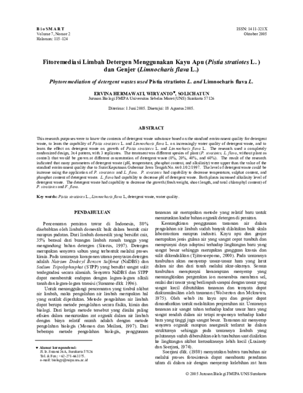(PDF) Fitoremediasi Limbah Detergen Menggunakan Kayu Apu (Pistia ...
