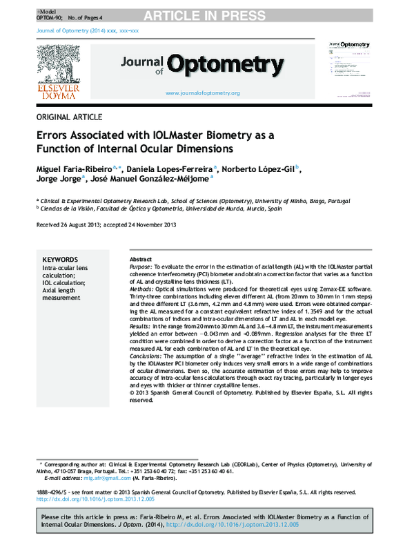 (PDF) Errors Associated with IOLMaster Biometry as a Function of Internal Ocular Dimensions