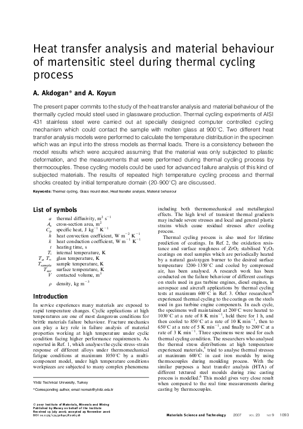 (PDF) Heat transfer analysis and material behaviour of martensitic ...