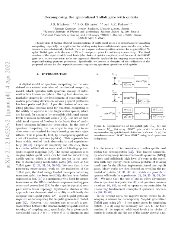 (PDF) Decomposing the generalized Toffoli gate with qutrits
