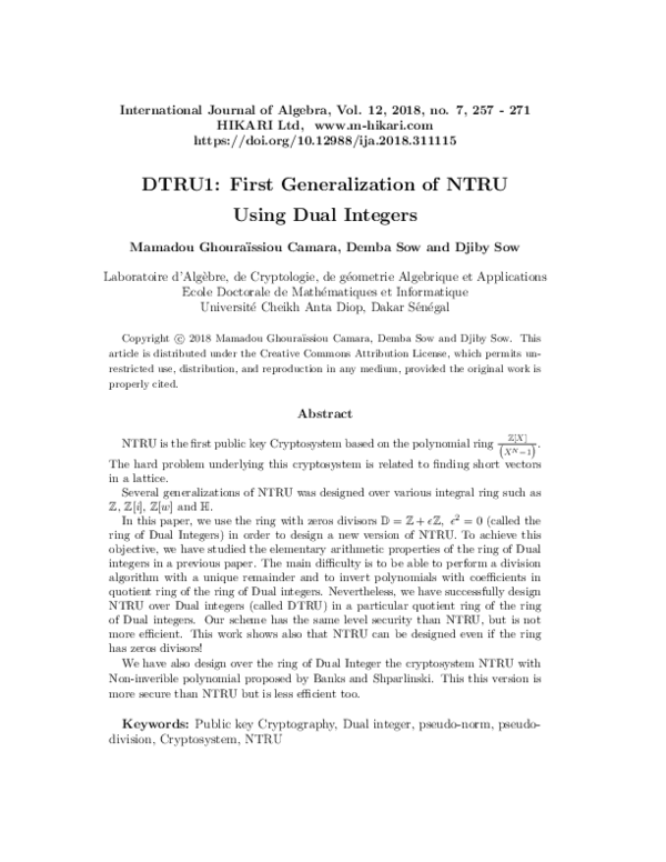 (PDF) DTRU1: first generalization of NTRU using dual integers
