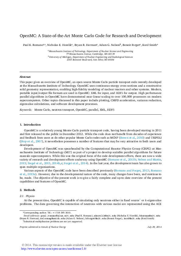 (PDF) OpenMC: A state-of-the-art Monte Carlo code for research and development