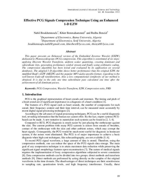 (PDF) Effective PCG Signals Compression Technique Using an Enhanced 1-D EZW