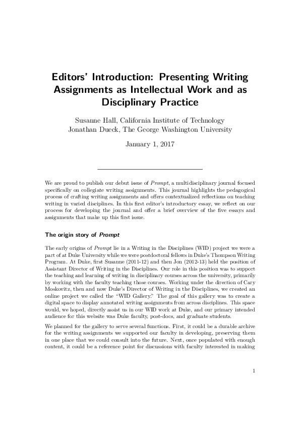 (PDF) Editors' Introduction: Presenting Writing Assignments as ...