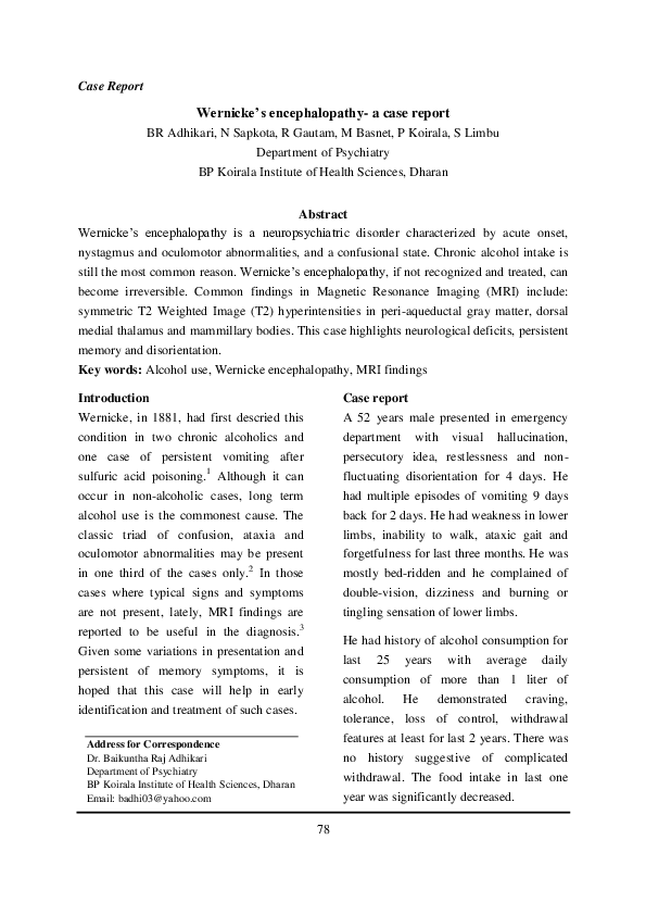(PDF) Wernicke’s encephalopathy- a case report | suren limbu - Academia.edu