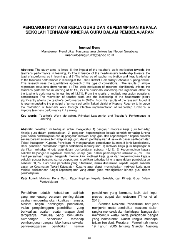 (PDF) Pengaruh Motivasi Kerja Guru Dan Kepemimpinan Kepala Sekolah Terhadap Kinerja Guru Dalam ...