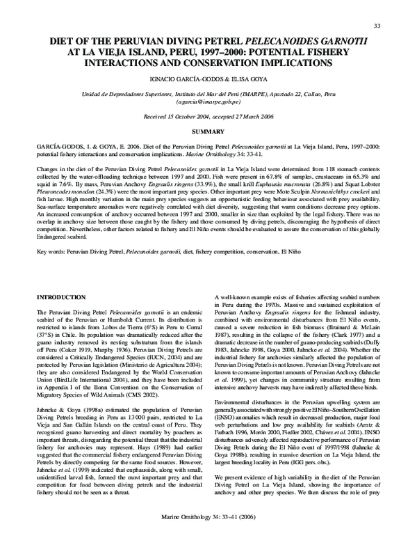 Diet of the Peruvian Diving Petrel Pelecanoides Garnotii at La Vieja ...