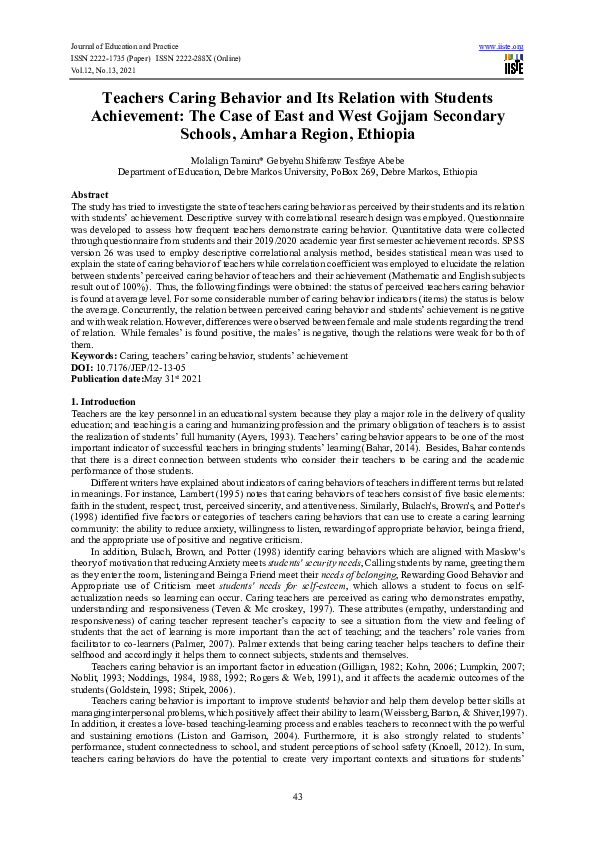 (PDF) Teachers Caring Behavior and Its Relation with Students ...