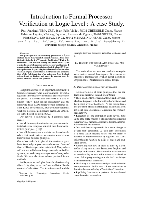 Pdf Introduction To Formal Processor Verification At Logic Level