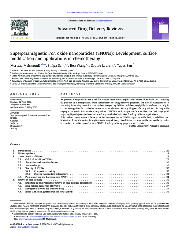 (PDF) Superparamagnetic iron oxide nanoparticles (SPIONs): Development, surface modification and ...