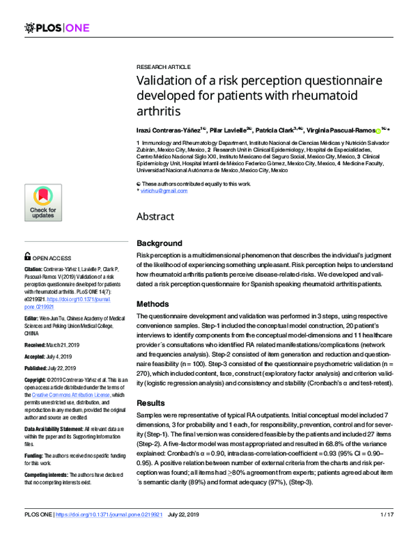 (PDF) Validation of a risk perception questionnaire developed for ...