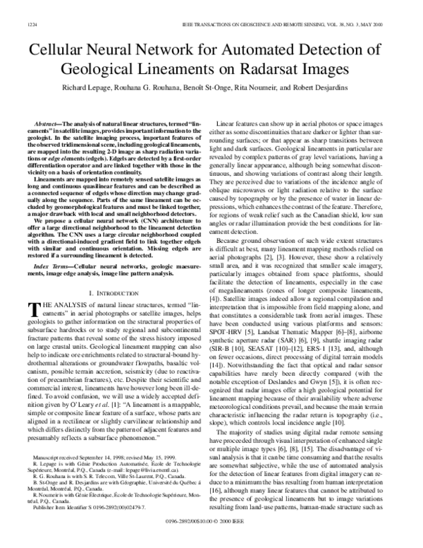 Pdf Cellular Neural Network For Automated Detection Of Geological Lineaments On Radarsat