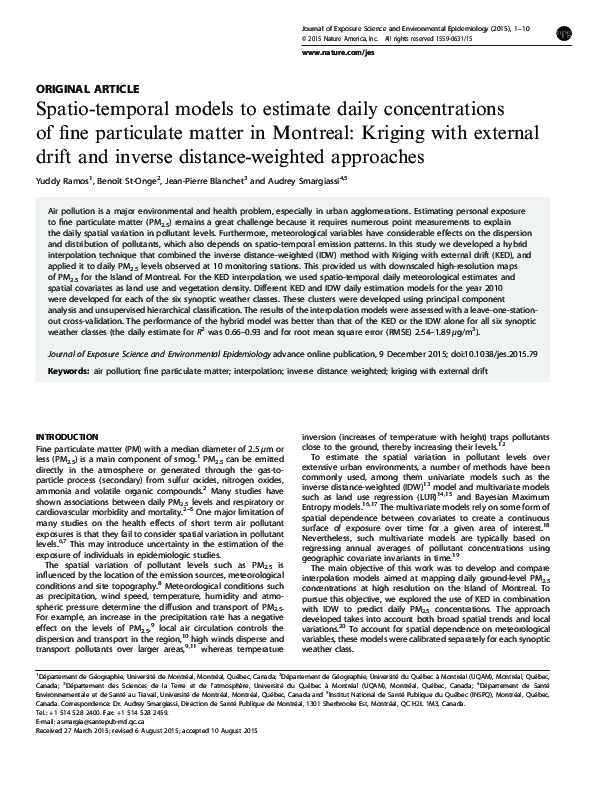 Pdf Spatio Temporal Models To Estimate Daily Concentrations Of Fine Particulate Matter In