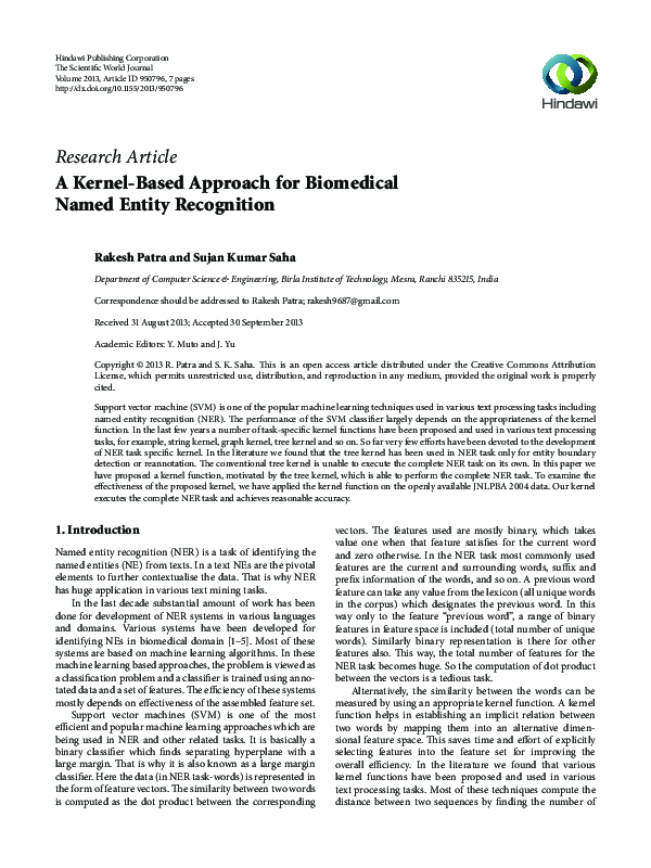 (PDF) A Kernel-Based Approach for Biomedical Named Entity Recognition