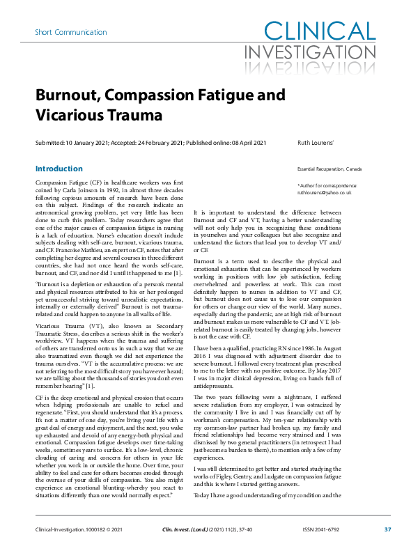 (PDF) Burnout, Compassion Fatigue and Vicarious Trauma