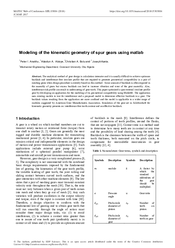 (PDF) Modeling of the kinematic geometry of spur gears using matlab