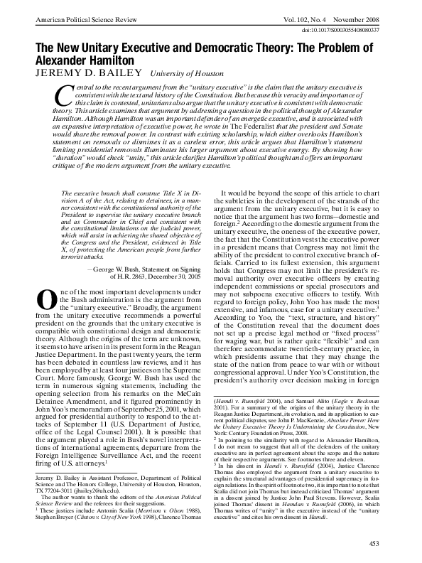 (PDF) The New Unitary Executive and Democratic Theory: The Problem of ...