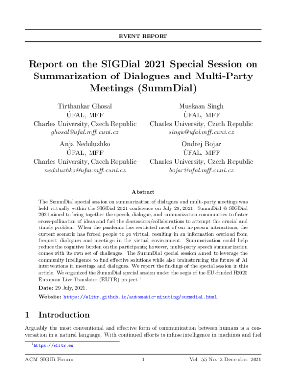 (PDF) Report on the SIGDial 2021 special session on summarization of ...