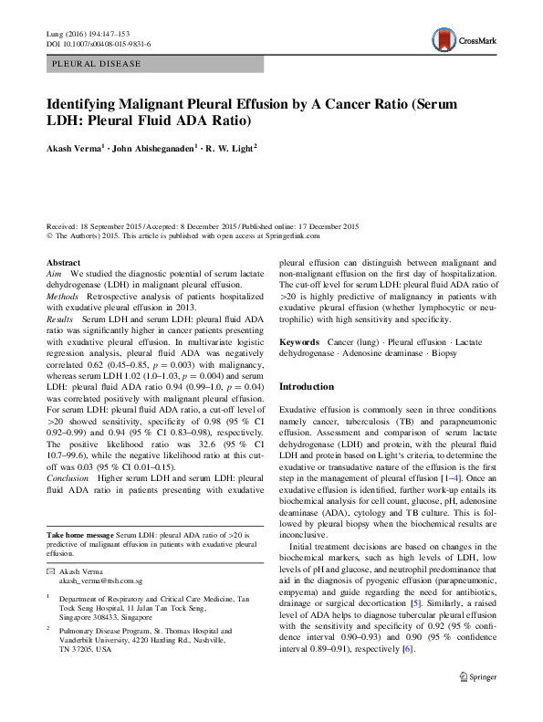 (PDF) Identifying Malignant Pleural Effusion by A Cancer Ratio (Serum ...