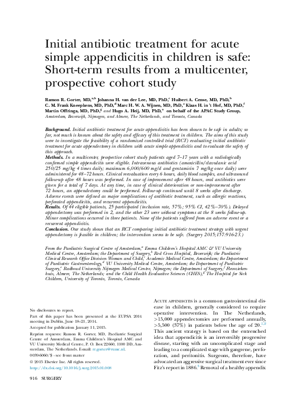 (PDF) Initial antibiotic treatment for acute simple appendicitis in ...