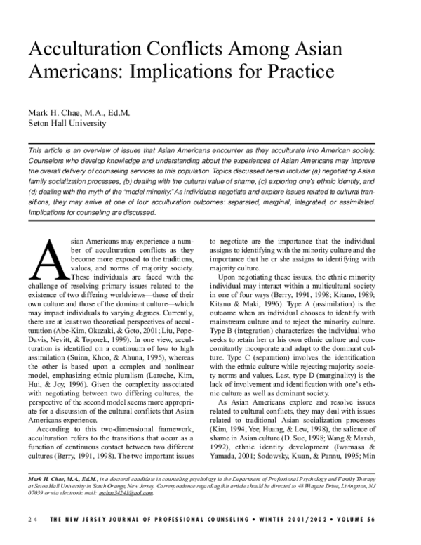 (PDF) Acculturation Conflicts Among Asian Americans : Implications for Practice