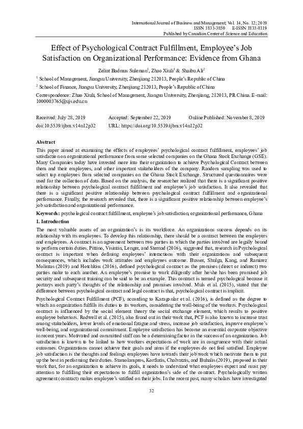 (PDF) Effect of Psychological Contract Fulfillment, Employee’s Job Satisfaction on ...