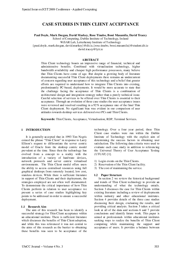 (PDF) School of Computing 2009-0101 Case Studies in Thin Client Acceptance