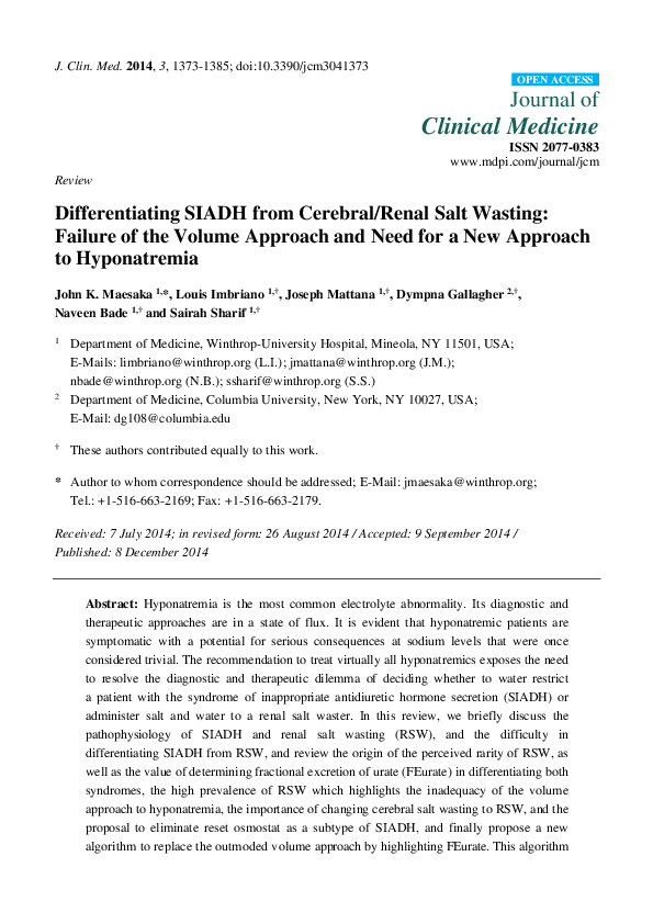 (PDF) Differentiating SIADH from Cerebral/Renal Salt Wasting: Failure ...