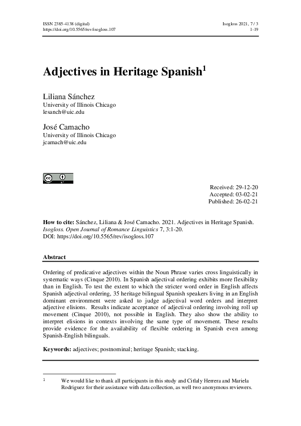 (PDF) Adjectives in Heritage Spanish