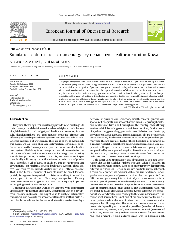 (PDF) Simulation optimization for an emergency department healthcare ...