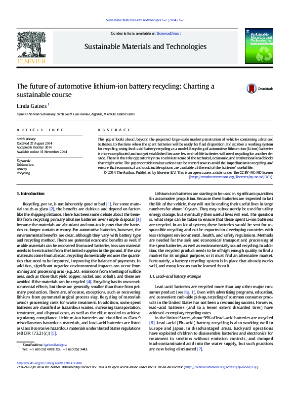 (PDF) The future of automotive lithium-ion battery recycling: Charting a sustainable course