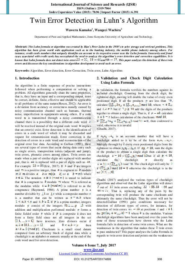 (PDF) Twin Error Detection in Luhn's Algorithm