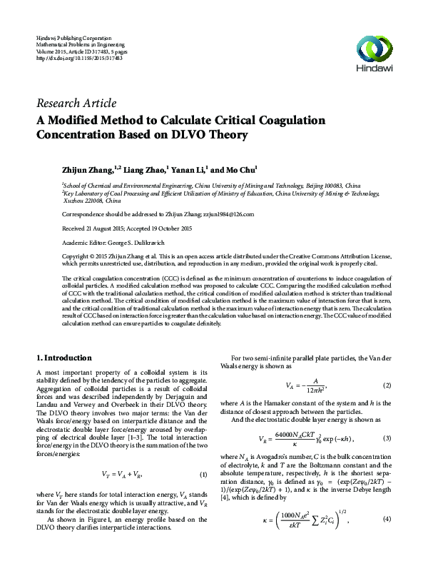 (PDF) A Modified Method to Calculate Critical Coagulation Concentration Based on DLVO Theory