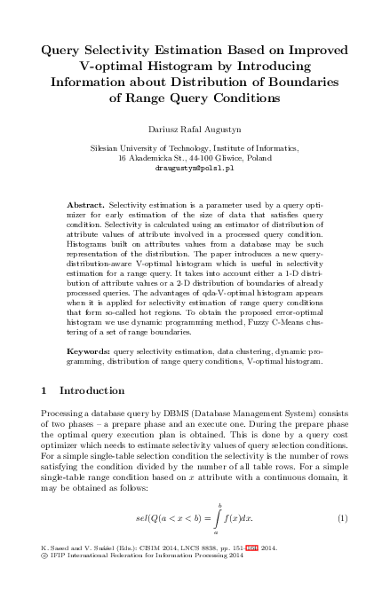 (PDF) Query Selectivity Estimation Based on Improved V-optimal Histogram by Introducing ...