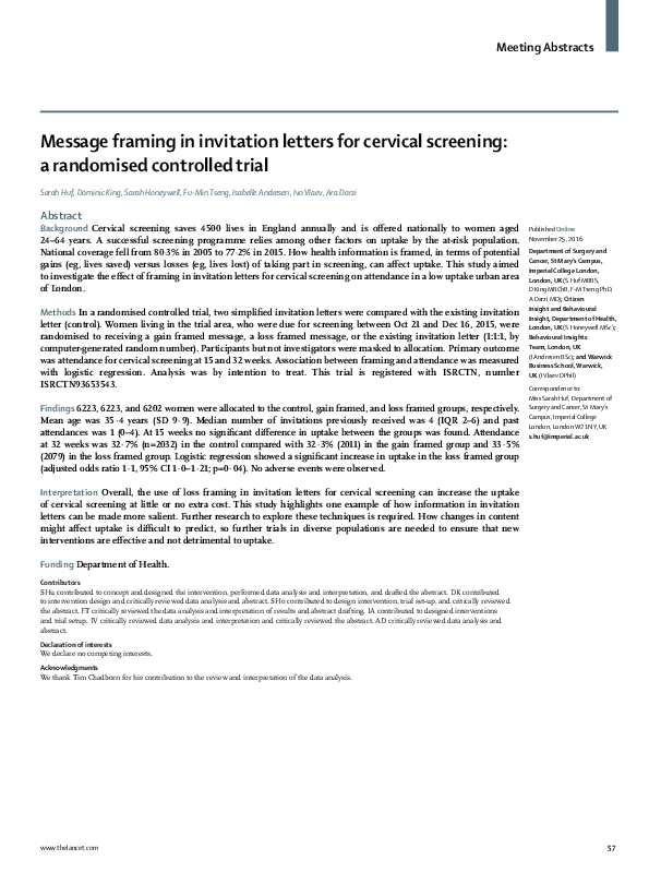 (PDF) Message framing in invitation letters for cervical screening: a ...
