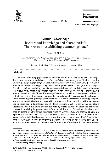 (PDF) Mutual knowledge, background knowledge and shared beliefs: Their ...