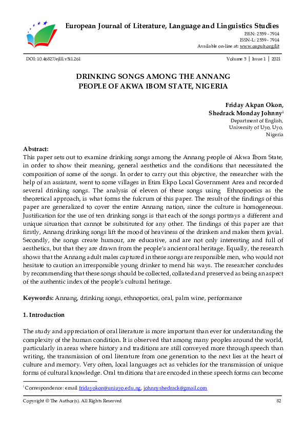 (PDF) Drinking Songs Among the Annang People of Akwa Ibom State, Nigeria