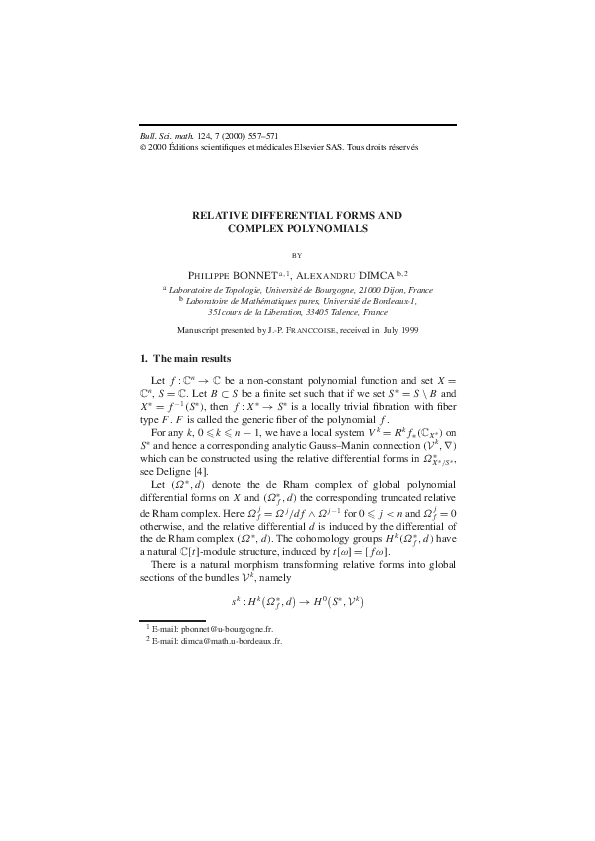 (PDF) Relative differential forms and complex polynomials