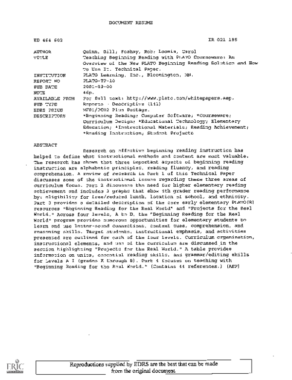 (PDF) Teaching Beginning Reading with PLATO Courseware: An Overview of ...