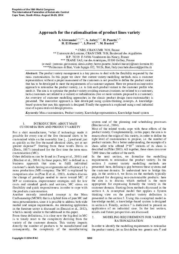 (PDF) Approach for the Rationalisation of Product Lines Variety