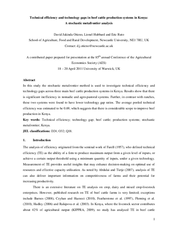 (PDF) Technical efficiency and technology gaps in beef cattle production systems in Kenya: A ...