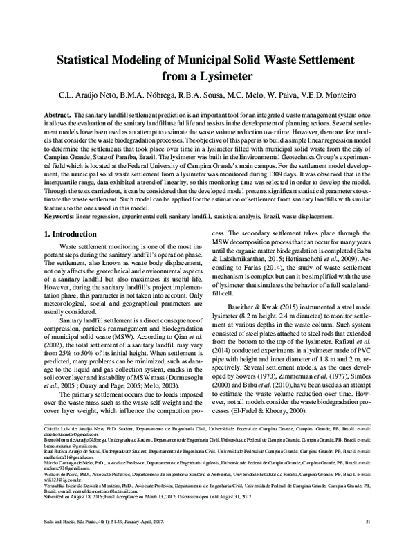 (PDF) Statistical Modeling of Municipal Solid Waste Settlement from a ...