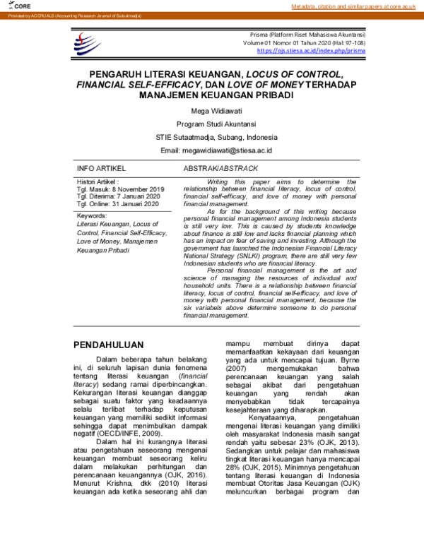 (PDF) Pengaruh Literasi Keuangan, Locus of Control, Financial Self-Efficacy, Dan Love of Money ...