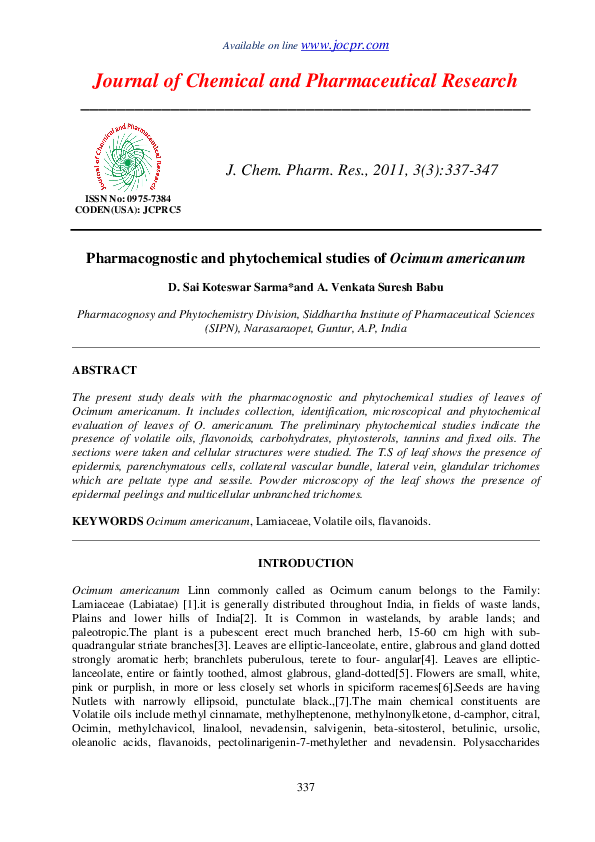(PDF) Pharmacognostic and phytochemical studies of Ocimum americanum