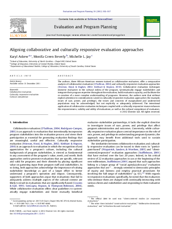 (PDF) Aligning collaborative and culturally responsive evaluation approaches