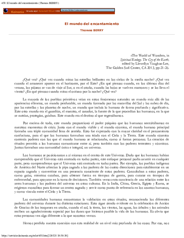 (PDF) RELaT nº 458. BERRY, Thomas – «El mundo del encantamiento».